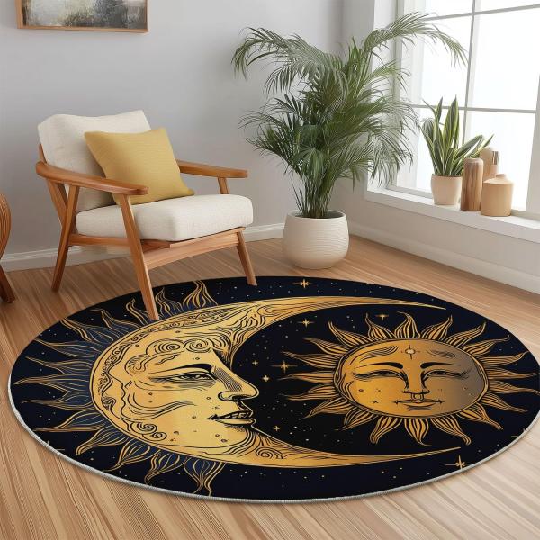 商品名:  Washable Round Area Rug 3 ft, Soft Ultra-Thin Non-Slip Circle Rug, Black Gold Low Pile Circle Carpet Fantasy Sun a...