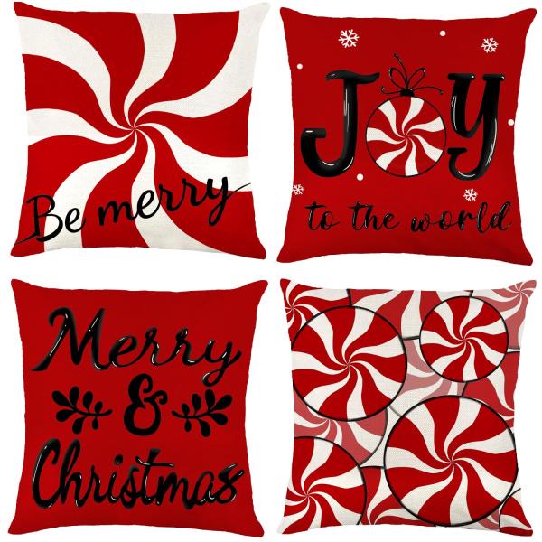商品名: Vellibring クリスマスキャンディピローカバー、20x20 4枚セット レッド ホワイト クリスマス スロー クッションケース Be Merry Christmas 冬 ホリデー ソファ カウチ ホームデコレーション Ve...