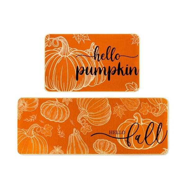 商品名: Tmsek Hello Pumpkin Fall キッチンラグ 2枚セット オレンジ キッチンマット 滑り止め 秋 感謝祭 ハロウィン ホームデコレーション - 47x29 x 47インチ 寝室 床 洗濯用 Tmsek Hello...