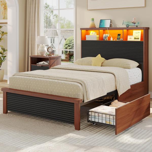 商品名:  VIAGDO Wood Twin Bed Frame with 4 Storage Drawers &amp; Bookcase Headboard, Led Wooden Black Twin Bed with Chargin...