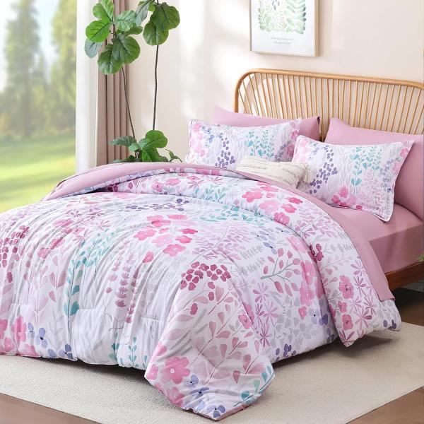 商品名: Xruibed DY04AB091559Q7U-E 掛け布団セット Xruibed Queen Comforter Set 7 Pieces, Pink Floral Bedding Set, Bed in a Bag Queen...