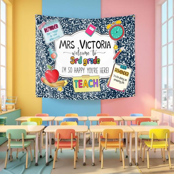商品名:  Personalized Teacher Classroom Tapestry, Welcome to 3rd Grade Banner with Custom Name, Blue Notebook Theme Wall De...