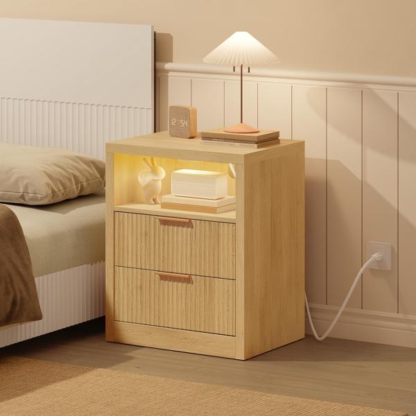 商品名: マハンクリス エンドテーブル ETNA254E01 MAHANCRIS Fluted Nightstand with Charging Station, LED Light, Wooden Night Stand with 2 D...