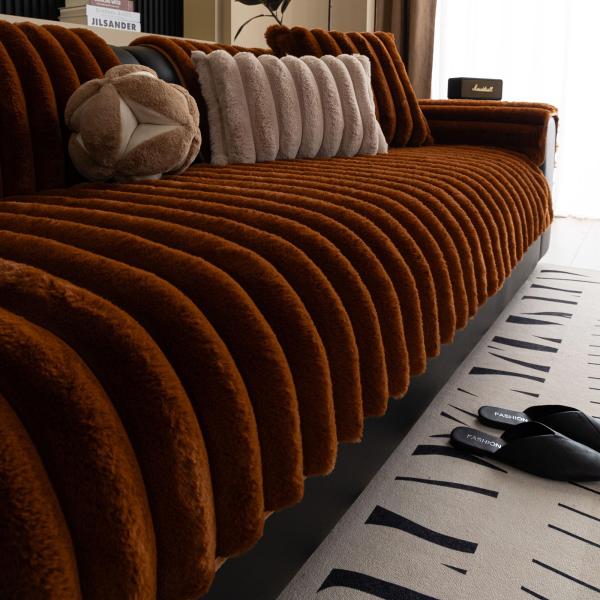 商品名: XSlive フェイクラビットファーカウチソファカバー 洗濯可能、シャギーファジーセクショナルソファカバー、ストライプノンスリップソフトプラッシュソファスリップカバー家具プロテクター、犬、ペット用(ダークコーヒー、43インチx94...