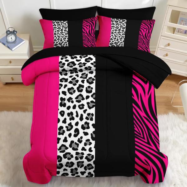 商品名:  Nesker Comforter Set King Size, Leopard Color Block Pink 7 Pcs Bedding for Kids and Adults, Wild Zebra Print Bed S...