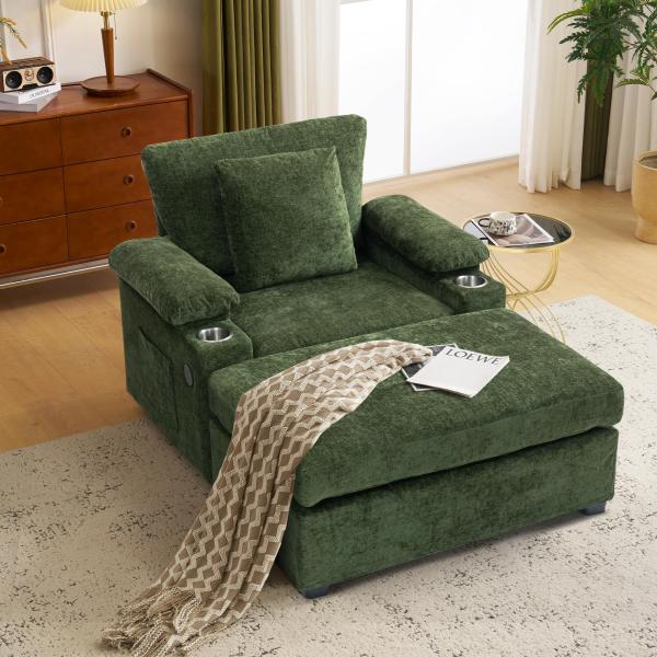 商品名:  TTK Oversized Chaise Lounge Chair with Ottoman, Modern Chenille Accent Chair with USB Charging Port, Cup Holders, ...