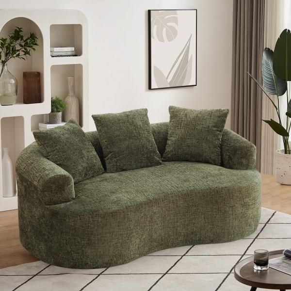 商品名: 60インチの小型ラブシートソファ、モダンな曲線シェニール織ソファ、枕3つ付き、組み立て不要、小さなスペースに快適なクラウドラブシートソファ、リビングルーム、アパート(オリーブグリーン) 64" Small Loveseat Sof...
