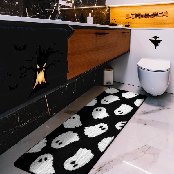 商品名: ゴーストバスルームランナーラグ 18x45インチ ブラック、ソフトで吸収性のあるタフテッドハロウィンバスマット ノンスリップ洗濯可能、ハロウィンバスルーム装飾ラグ ホリデーデコレーション Ghost Bathroom Runner...