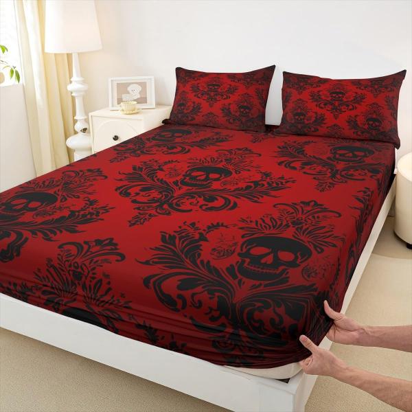 商品名:  Gothic Skull Fitted Sheet Twin Size,Red Damask Lace Floral Print Mattress Protector with 1 Pillowcase,Vintage Anti...