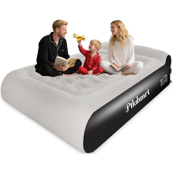 商品名: Ptlahmri クイーンエアマットレス フルポンプ内蔵 16インチ ブローアップマットレス ソフトフロックトップラグジュアリーインフレータブルマットレス 3分間の高速膨張/自動空気を抜く キャンプ&amp;自宅 ゲスト用 Ptl...