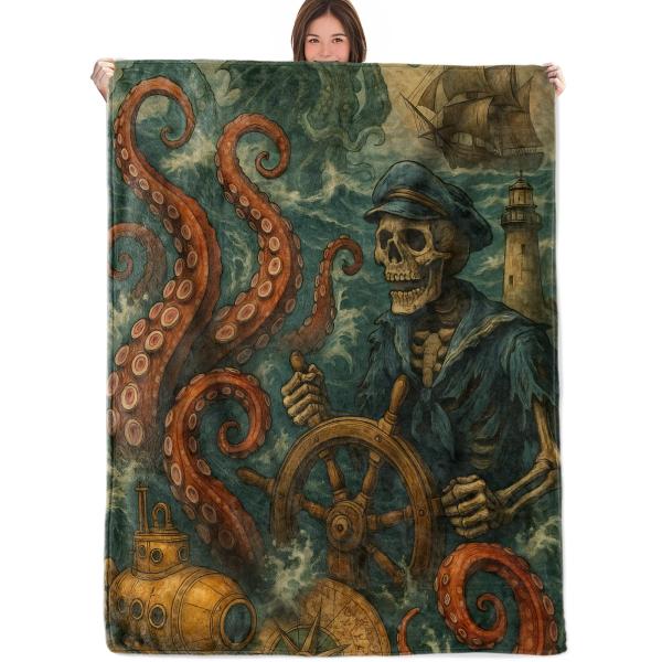 商品名:  RQTWC Pirate Skeleton and Kraken Throw Blanket Gifts for Boys Girls Kids Adults, Nautical Ocean Horror Theme Flann...