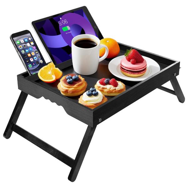商品名: WAAYAA 竹製ベッドトレイテーブル 折りたたみ脚付き - 折りたたみ式朝食用フードテーブル 取り外し可能なメディアスロット付き ノートパソコン 食事 スナックトレイ ブラック WAAYAA Bamboo Bed Tray Ta...
