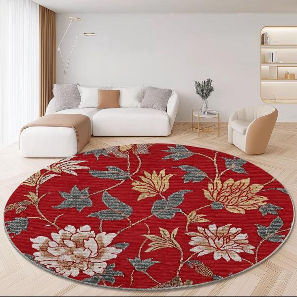 商品名:  Red Round Area Rugs for Living Room, 7 ft Non-Slip Washable Rugs, Plant Flower Vine Pattern Indoor &amp; Outdoor D...