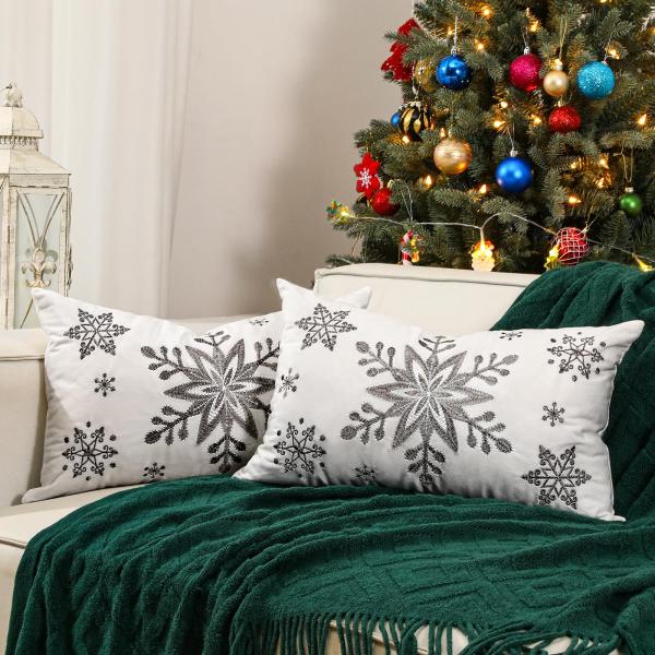 商品名:  Lewondr Christmas Throw Pillow Covers, 12x20 Inch Snowflake Embroidery Pillow Cases Home Xmas Decorative Holiday D...