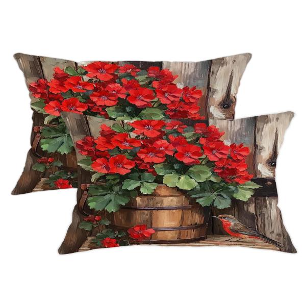 商品名:  Spring Floral Throw Pillow Covers Set of 2, Red Geraniums Decorative Pillow Cases, Vibrant Outdoor Farmhouse Decor...