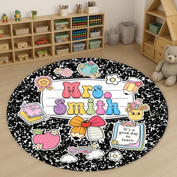 商品名:  Personalized Classroom Rug ? Composition Notebook Round Carpet for Kids &amp; Teachers, Custom Welcome Mat for Lib...