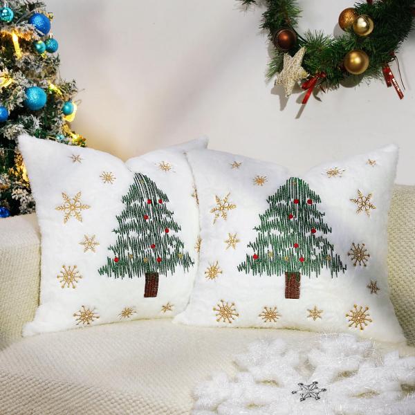 商品名: Lewondr クリスマススローピローカバー 18x18、スーパーソフトフェイクファー枕カバー2枚セット、ベルベットクリスマスツリー刺繍装飾スローピローケース、リビングルーム、ベッド、カウチ、ソファ、車、ホームデコレーション、ホワ...