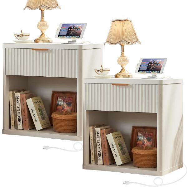 商品名: LEYAOYAO 溝付きファームハウス ナイトスタンド 2個セット 充電ステーション付き 幅23インチ 引き出しエンドテーブル1個 寝室用ホワイトドレッサー ベッドサイドテーブル チェスト キャビネット用 リビングルーム用木製ナイ...