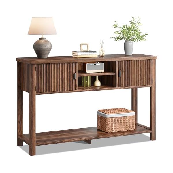 商品名: 溝付きコンソールテーブル モダン 玄関テーブル キャビネットと収納用3段棚付き 狭いソファ裏テーブル 廊下用 幅46インチ x 奥行き13.8インチ x 高さ33.5インチ ウォールナットブラウン Console Table Fl...