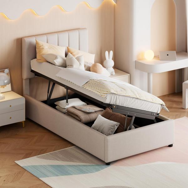 商品名:  KT Rolster Modern Tufted Floor Plattform Bed with Storage Underneath, Twin Linen Lift Up Bed Frame with Vertical C...