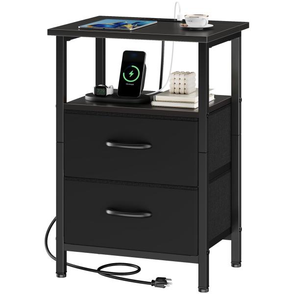 商品名: Vagusicc ナイトスタンド 充電ステーション付き エンドテーブル ベッドサイドテーブル ファブリック引き出し2個付き ブラックナイトスタンド USBポートとコンセント付き 高さ24インチ ベッドサイドテーブル 寝室用収納棚付...