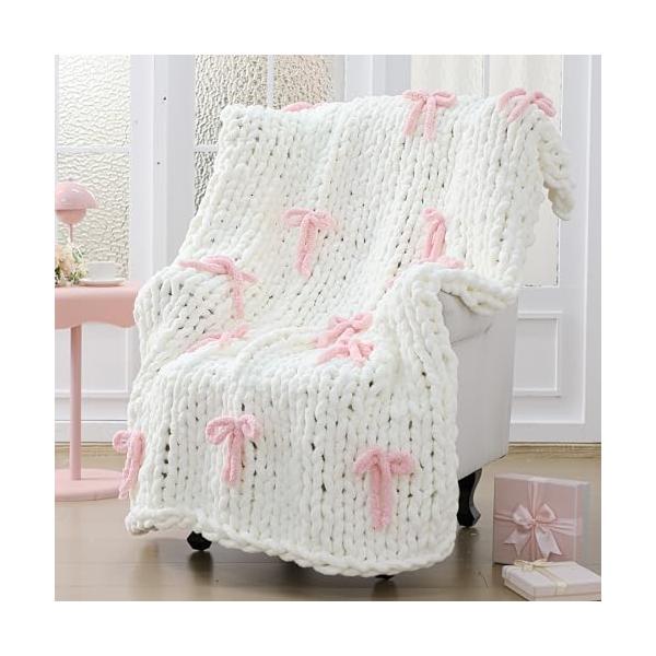 商品名: Mindsoft ピンクボウ チャンキーニットブランケット ひざ掛け Lサイズ 50インチ x 60インチ 100%ハンドメイド クリーム シェニール織 ループ糸 ふわふわ ソフト ニット スロー 大きい 快適 厚手 ケーブルニッ...