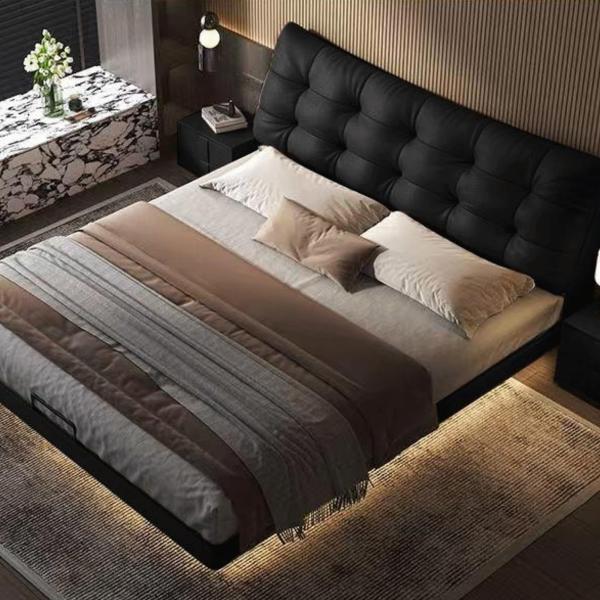 商品名:  LSIGHTUS Black Modern Floating Bed Frame, Leather Upholstered Platform Bed Wooden Slats Support with Headboard, No...