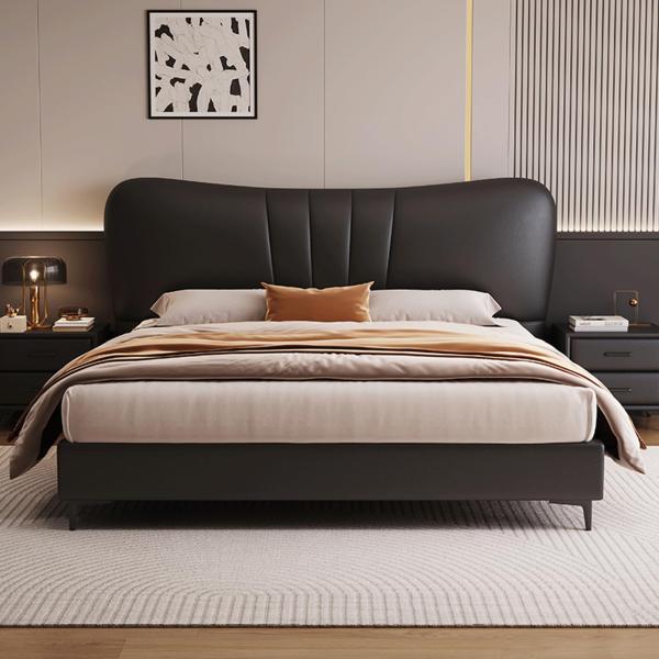 商品名:  LSIGHTUS Black Modern Leather Queen Size Platform Bed, Full Size Bed Frame Ergonomic Upholstered Headboard Wooden ...