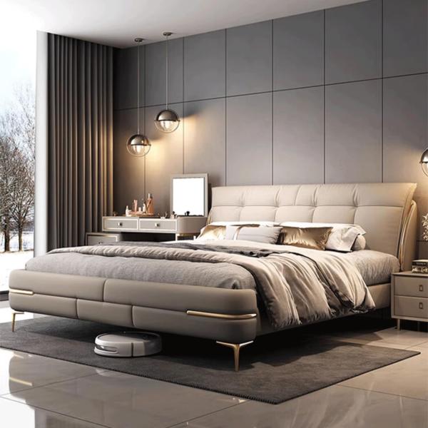 商品名:  LSIGHTUS Modern Light Luxury Leather Full Size Bed Frame, Leather Upholstered Platform Bed Wooden Slats Support wi...