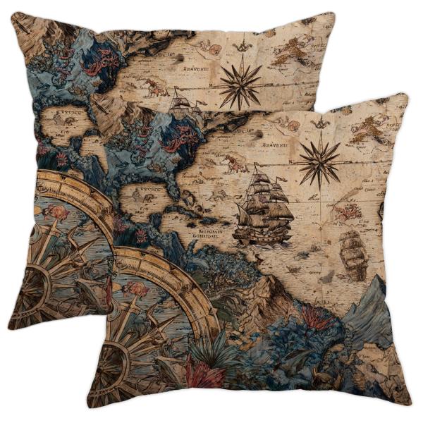 商品名:  Vintage Nautical Map Throw Pillow Covers Set of 2, Antique Ocean Explorer Design Cushion Cases, Coastal Decorative...