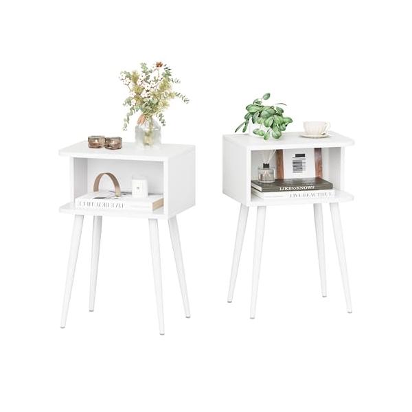 商品名: ホワイトナイトスタンド2個セット、小さなスペース用の小さなベッドサイドテーブル、ミッドセンチュリーモダンナイトスタンドエンドテーブル、右サイドオープンストレージ、ベッドルームリビングルーム用サイドテーブル、MLBZ20W-2 Wh...