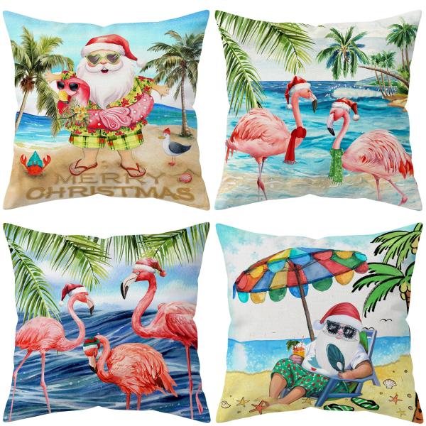 商品名: Doobicy 4パック メリークリスマス ビーチ 枕カバー 18x18インチ トロピカル サンタ フラミンゴ ヤシの木 両面プリント クッションカバー 枕カバー ホリデー 海岸 ホーム ソファ ベッドの装飾用 Doobicy 4...