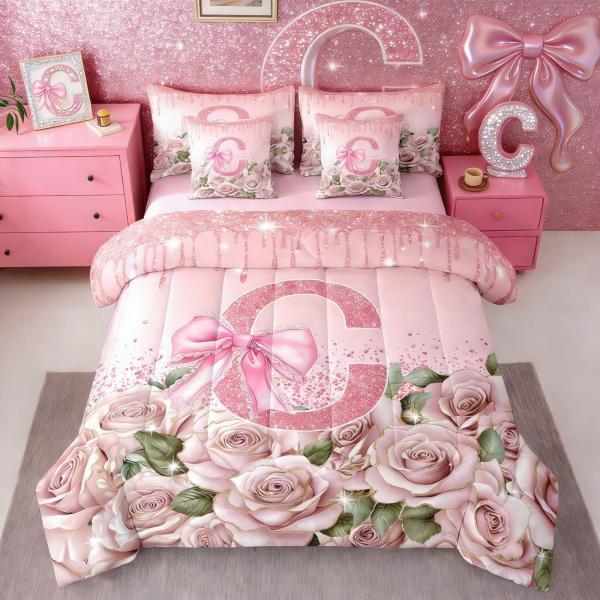 商品名: Pink Bow 掛け布団7点セット フルベッドバッグ パーソナライズ イニシャル アルファベット C 寝具セット プリンセス 蝶結び モノグラム 掛け布団とシーツセット、スパンコールアート ローズ キュート ルーム 装飾 美的 ...