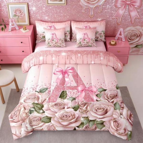 商品名: ピンクボウ 掛け布団7点セット フルベッドバッグ パーソナライズイニシャル文字A寝具セット プリンセス蝶結びモノグラム掛け布団とシーツセット、スパンコールアートローズ かわいい部屋の装飾 美的かわいい Pink Bow 7 Pie...