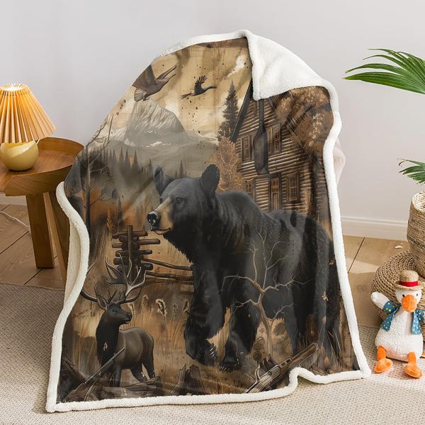 商品名: AILONEN 素朴なキャビンスローブランケット - Hunting Dear &amp; Bear フリース シェルパブランケット - レトロ 森林 動物 野生動物 ブランケット ベッド/ソファの装飾、70 x 55インチ AI...