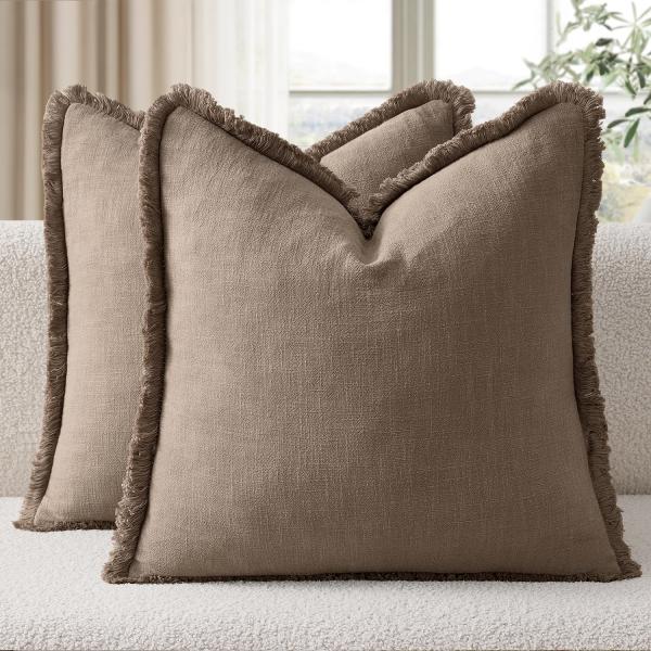 商品名: EMEMA リネンフリンジ クッションカバー 2枚セット ボヘミアンファームハウス アクセント 装飾枕カバー タッセル付き カウチ ソファ ベッド リビングルーム ホームデコ 50.5x20インチ ココブラウン EMEMA Lin...