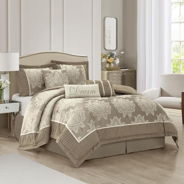 商品名:  Grand Avenue Beige Comforter Set King Size, Jacquard with Matching Solid Piecework Bedding Set, All Season, Bedski...