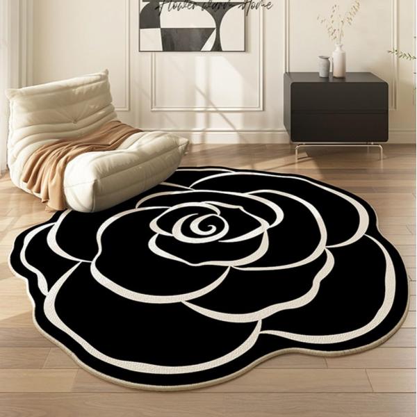商品名:  Elegant Aesthetic Black Beige Flower Round Area Rug 6ft Non Slip Easy Clean Quick Dry Waterproof Flower Shaped Sty...