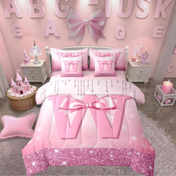 商品名: イニシャル W クイーン 掛け布団セット ガーリー ピンク ボウ ベッド バッグ フラットとボックスシーツ コケット グリッター リボン 7点 寝具セット アルファベット 文字 ティーン ガール キルト 羽毛布団セット プレッピー...