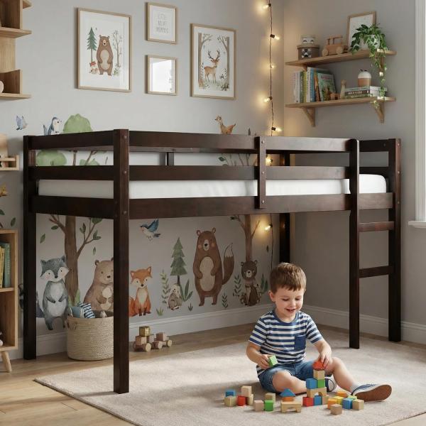 商品名:  MoproBeti Twin Low Loft Bed, Rubber Wood Kids LoftBed with Ladder &amp; Guard Rails, Low Twin Loft Bed with Under-...