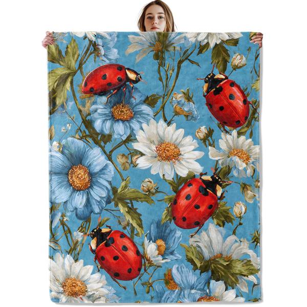 商品名: VOPNXLT てんとう虫とデイジーフローラルブランケット、ソフトで居心地の良い軽量カラフルレッドバグとワイルドフラワースローブランケット、女性用、女の子、ソファ、ソファベッド、50x60インチのフランネルブランケット、旅行装飾ギ...
