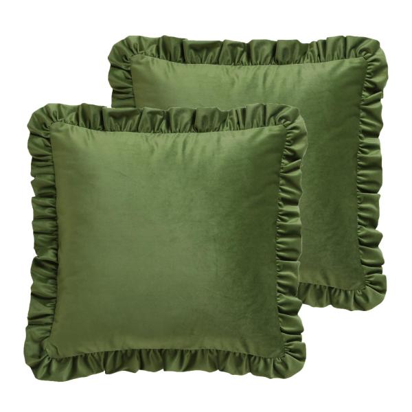 商品名: ISAENNE ビンテージオリーブグリーンスクエアスローピローカバー22インチx22インチ2枚セット、無地ファームハウスベルベット装飾ピローカバー、フリル付き、ソファ、ベッド、リビングルーム、車用のスローピローケース ISAENN...