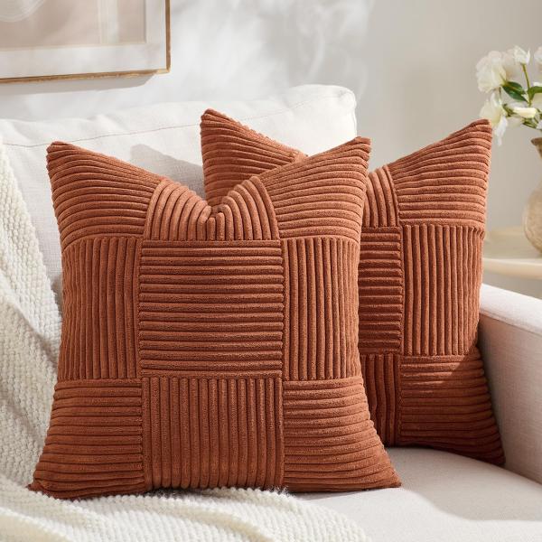 商品名: Fancy Homi 防錆ボーホー 装飾スロークッションカバー 2枚セット 18x18インチ リビングルーム ベッドルーム カウチ ベッド ソファ、モダンな農家の家の装飾、ソフトストライプパッチワーク格子縞アクセント テラコッタク...