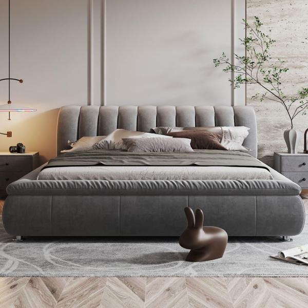 商品名:  LSIGHTUS Grey Modern Queen Bed Frame, Full Size Bed Frame Wooden Slats Support with Headboard Noise-Free Easy Asse...