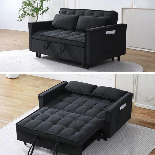 商品名:  3 in 1 Corduroy Convertible Sofa Bed, Pull Out Couch Bed with Reclining Backrest and 2 Pillows, 54" Full Size Love...