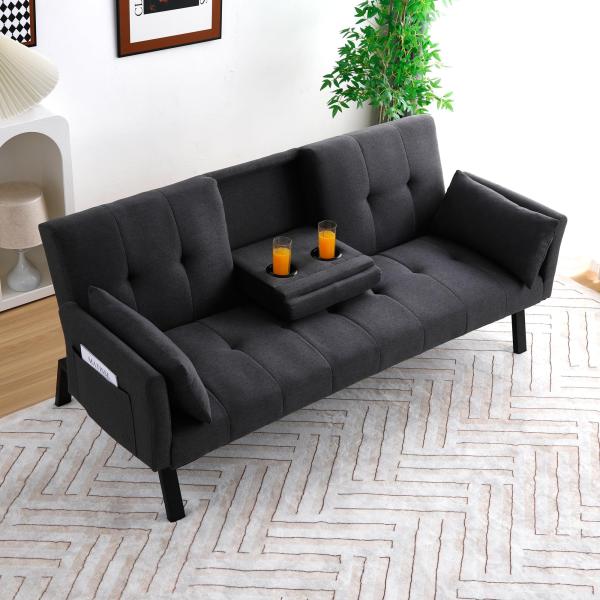 商品名:  ODOLAR 70" Convertible Sofa Bed, Modern Futon Couch,Adjustable Backrest Cotton Linen with Cup Holders and 2 Throw ...