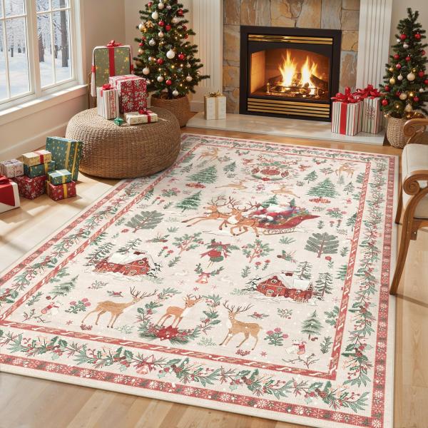 商品名: Lahome Christmas 5x7 ラグ リビングルーム用、クリスマスツリーサンタクロースソフトベッドルームラグ屋内、ノンスリップ洗濯可能ローパイルフロアカーペットダイニングルーム冬休日の装飾、ベージュ Lahome Chr...