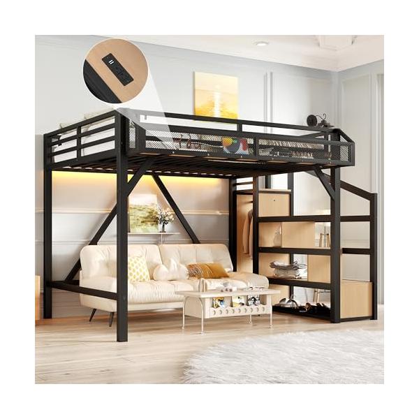 商品名:  Bellemave Twin XL Size Loft Bed with Storage Stairs, Beside Shelf and Built-in Wardrobe, Metal Loft Bed Frame with...