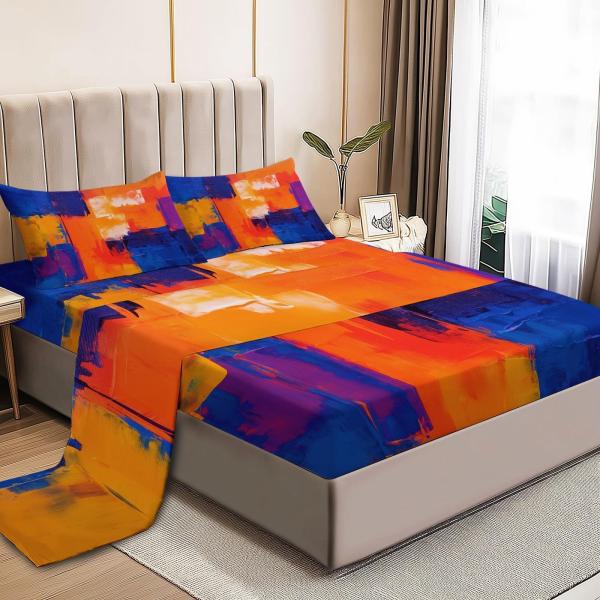 商品名:  Full Size 4 Pieces Abstract Style Bed Sheet Set, Deep Pocket Fitted Sheet &amp; Breathable Color Block Pattern Fla...