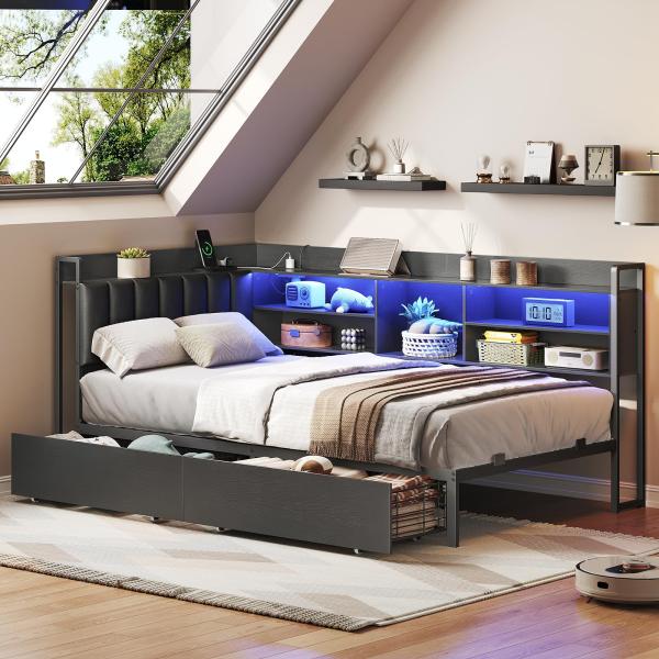 商品名:  RALGEND Corner Bed Frame with Bookcase Storage and PU Upholstered, Twin Daybed with 2 Drawers and Charging Station...